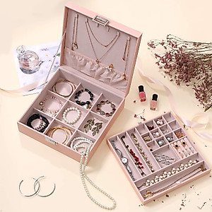 BEWISHOME Jewelry Box for Girls 35 Compartments Jewelry Organizer - 6 Necklace Hooks, 2 Layers - Jewelry Boxes Display Storage Case Jewelry Holder for Girls Pink SSH71F