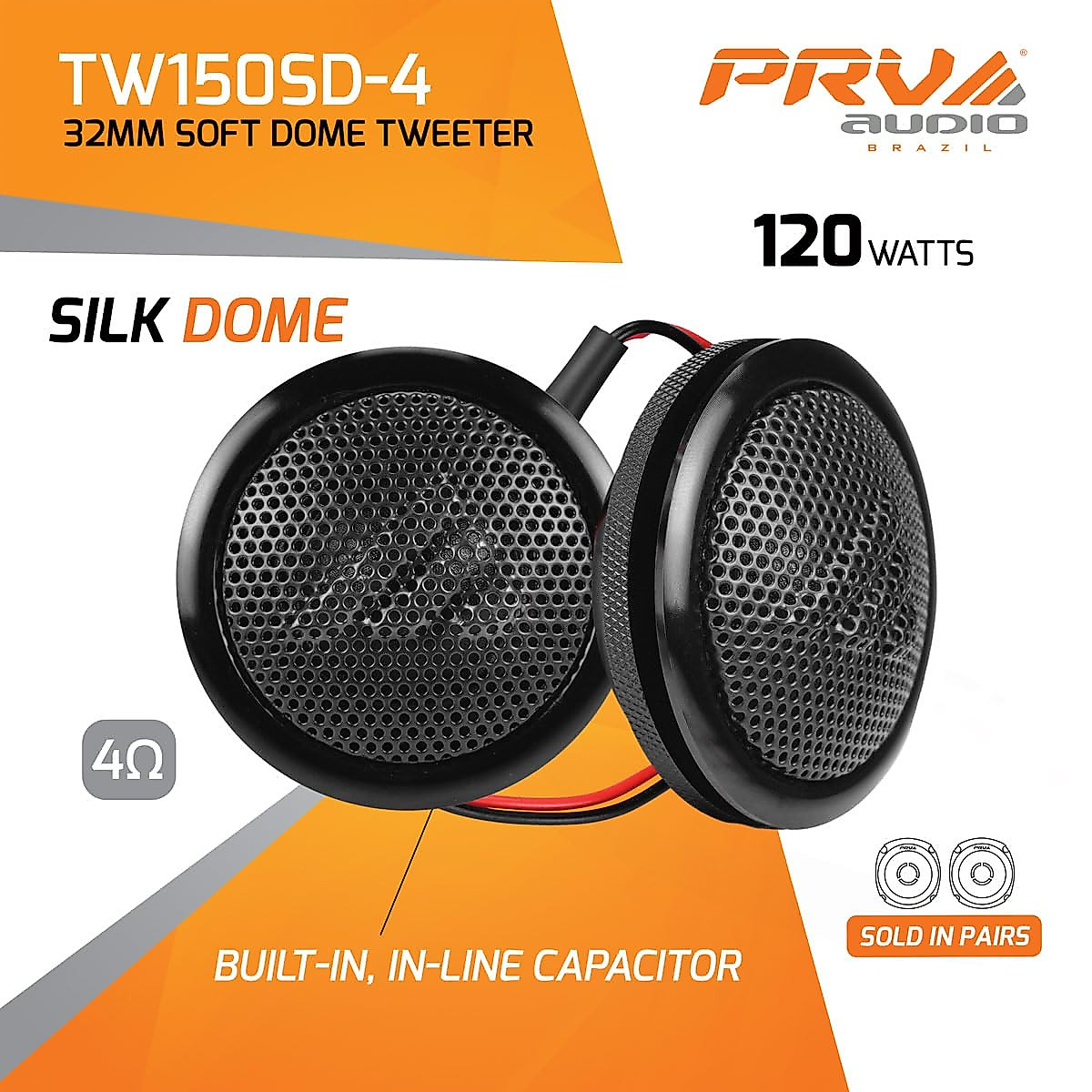 PRV AUDIO Soft Dome Tweeters 240 Watts 4 Ohm TW150SD-4 with Built-in Crossover, 32 mm Silk Dome, Neodymium Magnet for Car Audio and Motorcycle Systems Easy Flush Mount (Pair)