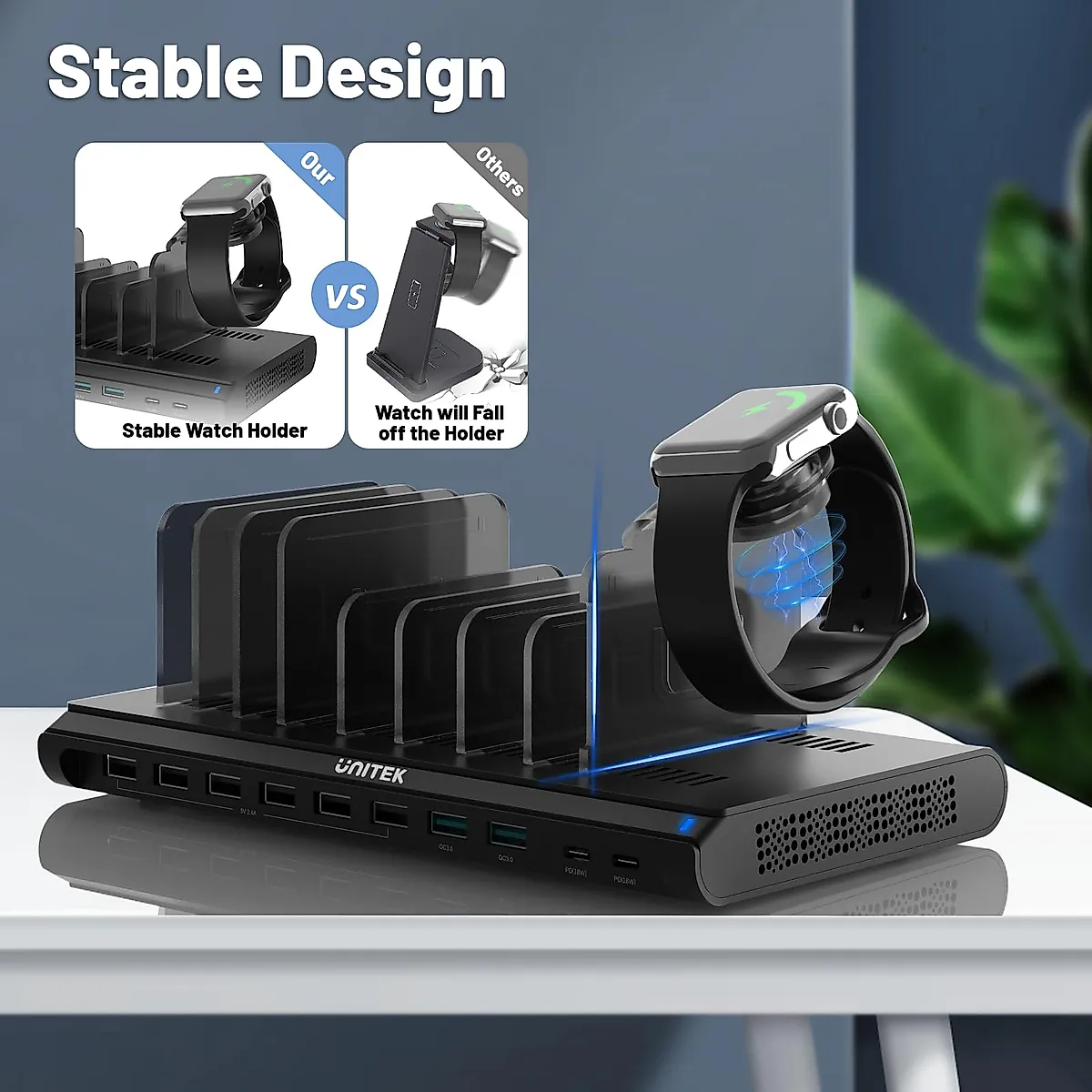 Multi USB Charging Station Unitek 96W 10 Ports Fast Charging Dock with 2 QC 3.0 & 2 PD 18W Charger Station Organizer for Multiple Devices Designed for iPad, iPhone, Tablet, iwatch, Laptop