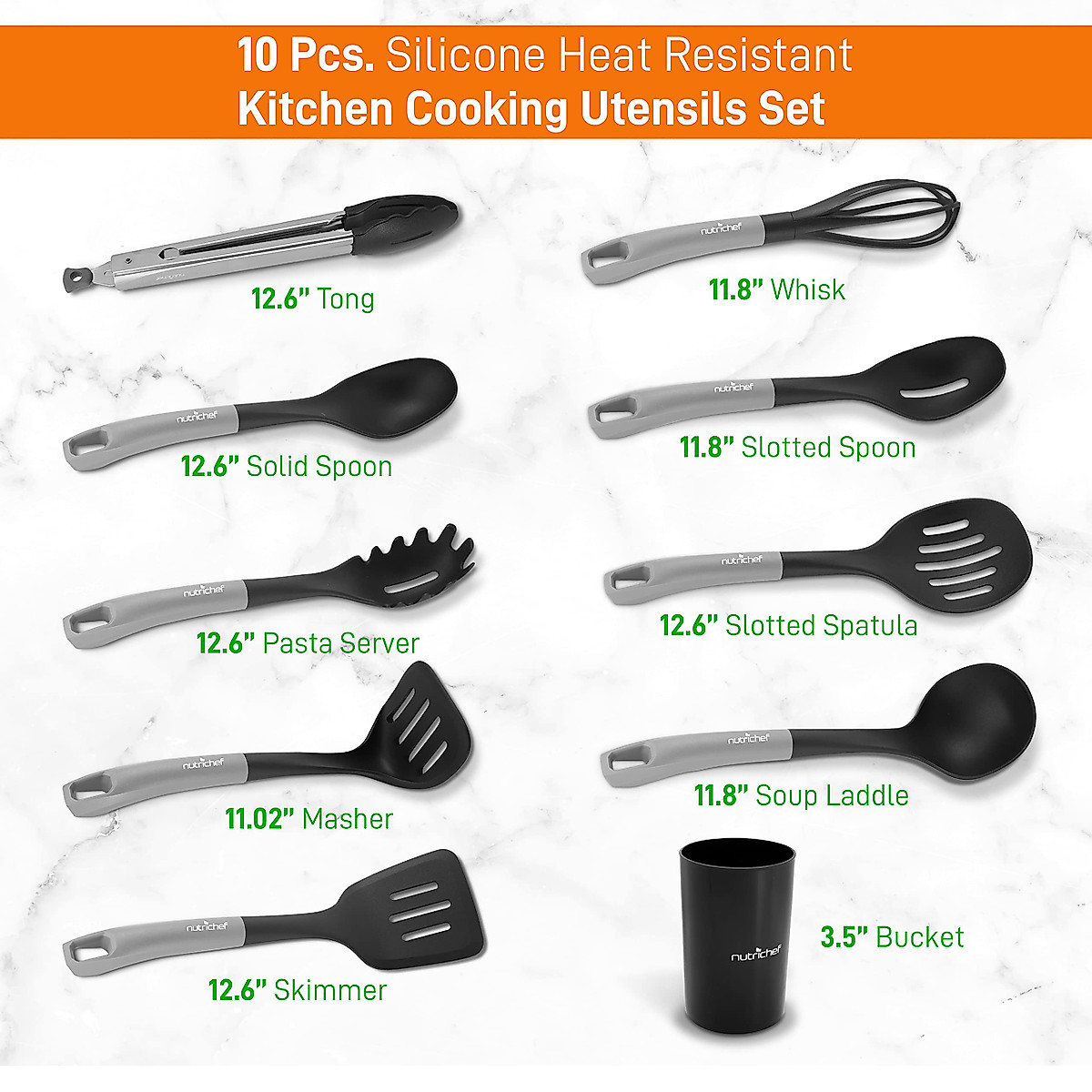 NutriChef 10 Pcs. Silicone Heat Resistant Kitchen Cooking Utensils Set-Non-Stick Baking Tools with PP Holder (Silver & Black), 1