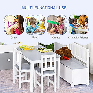 Qaba 4-Piece Kids Table Set with 2 Wooden Chairs, 1 Storage Bench, and Interesting Modern Design, Grey/White