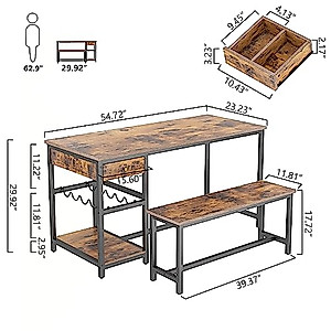 STIKELY Dining Table Set for 4-6 People, 3 Pieces Kitchen Dinner Table Set with 2 Drawers & Long Benches, Dining Room Table with Wine Rack & Glass Holder and Storage Shelf for Home Kitchen Use