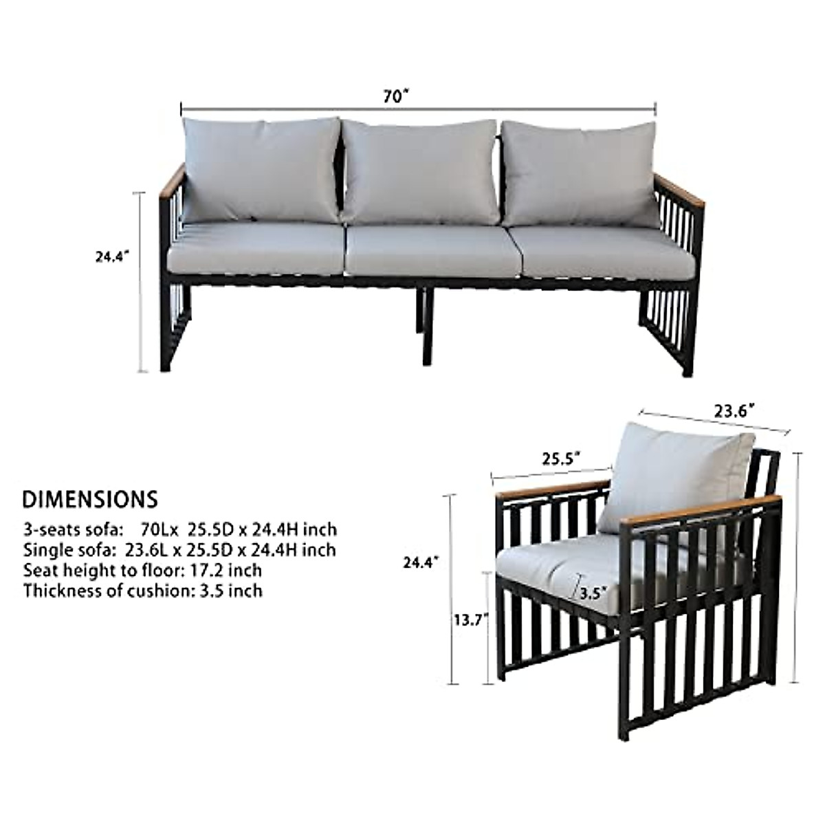 DECMICO Patio 5-Seat Sectional Sofa, Wide Outdoor U-Shaped Steel Frame Finished Rubber and Grey Cushions Sofa Furniture Set with Glass Coffee Tablefor Garden, Backyard, Balcony and Deck…