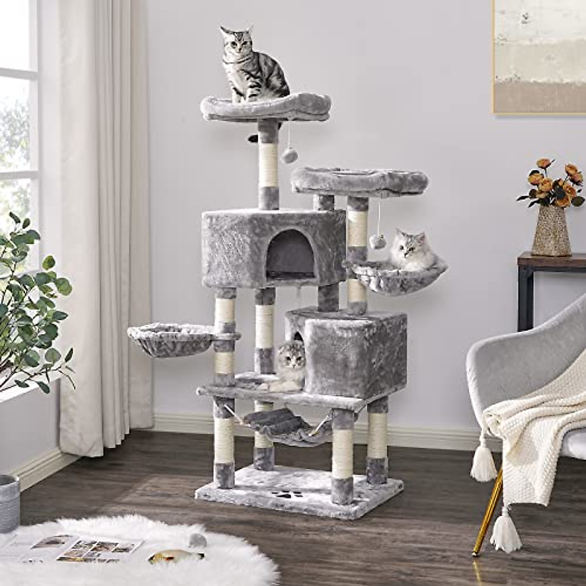 BEWISHOME Multi-Level Cat Tree for Indoor Cats Large Cat Tower Cat Condo with Sisal Scratching Posts, Perches, Houses, Hammock and Baskets, Furniture Kitty Activity Center Kitten Play House MMJ05G