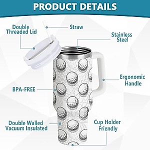 ARGTILDN 40 oz Tumbler Golf Balls Insulated Travel Mug with Handle and Straw Lid Stainless Steel Vacuum Coffee Cup Tea Beverage Container Water Bottles for Car Sports office