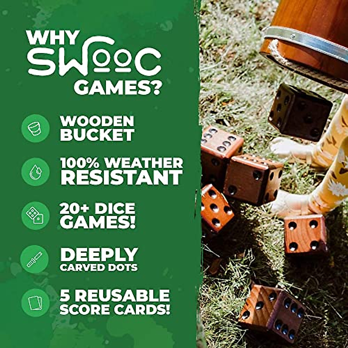 SWOOC Games - Yardzee, Farkle & 20+ Giant Dice Games (All Weather) Yard Dice with Wooden Bucket, 5 Scorecards & Marker - Jumbo Dice Yard Game - Extra Large Yard Games for Adults - Jumbo Lawn Games