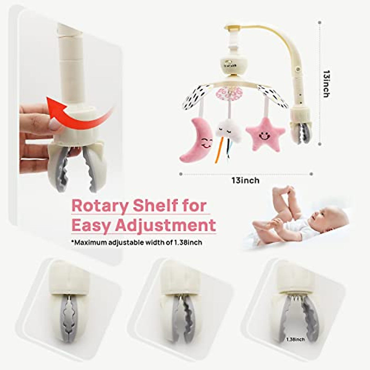 Duomilee Baby Mobile for Crib with Music, Baby Mobiles for Bassinet, Crib Mobile for Girls Length-Adjustable and Rotatable, Nursery Mobiles with Star and Moon for Newborn Aged 0-5 Months(Pink)