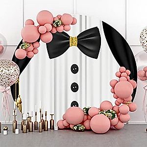 DORCEV Diameter 6.5ft Gentleman Tuxedo Round Backdrop Black and White Suit Bow Tie Botton Gold Glitter Black Curtain Pattern Photography Background for Father's Day Baby Boy Shower