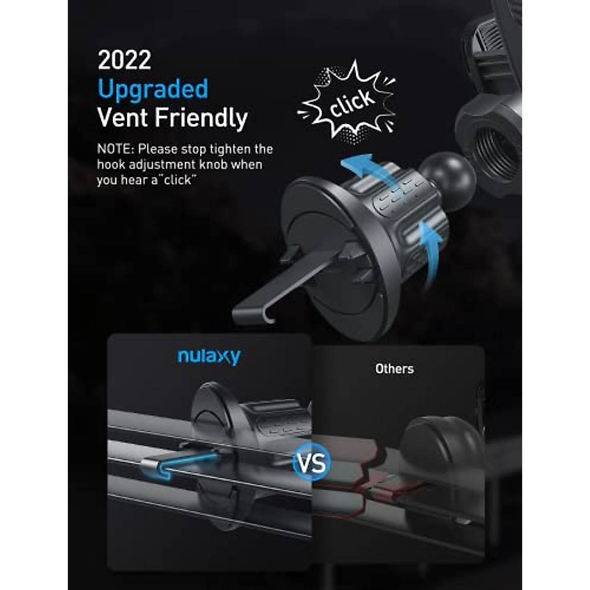 Nulaxy [2022 Upgraded Vent Friendly Car Phone Holder Mount, Phone Mount for Car Fit for Horizontal and Vertical Vents, Hands Free Vent Phone Holder, Compatible with iPhone, Samsung, and More, Black