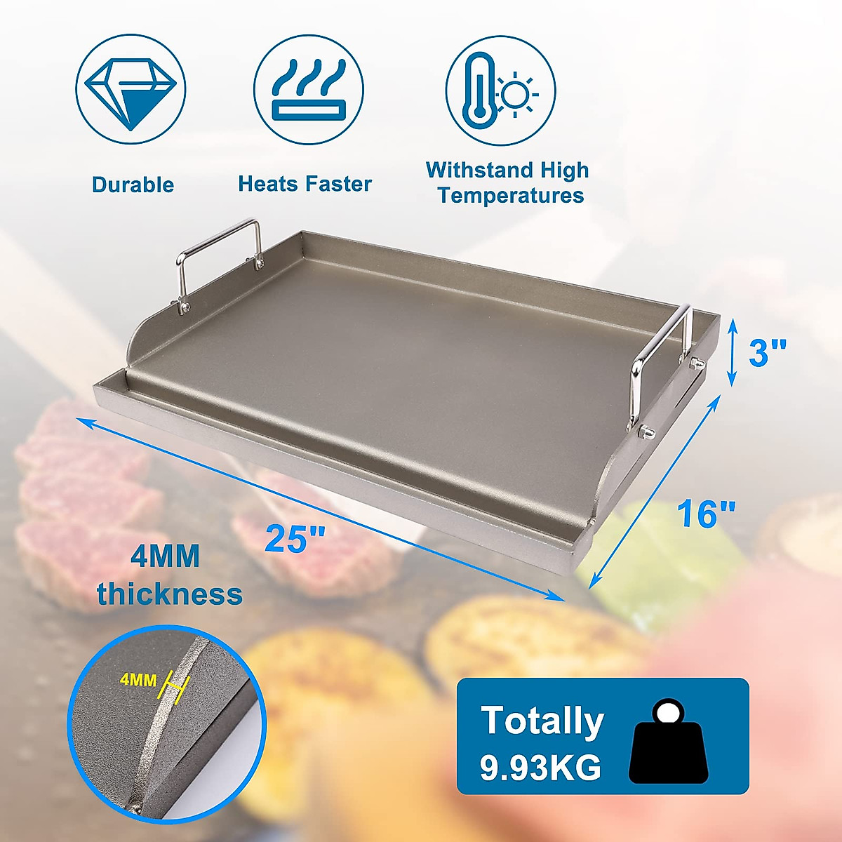 Griddle for Gas Grill, Metal Flat Top Griddle Insert for Outdoor Gas Grill, 25" x16" Cooking Skillet Plate Pan Teppanyaki for Charcoal/Electric Grills Fits Camping Outdoor Tailgating Parties Grilling