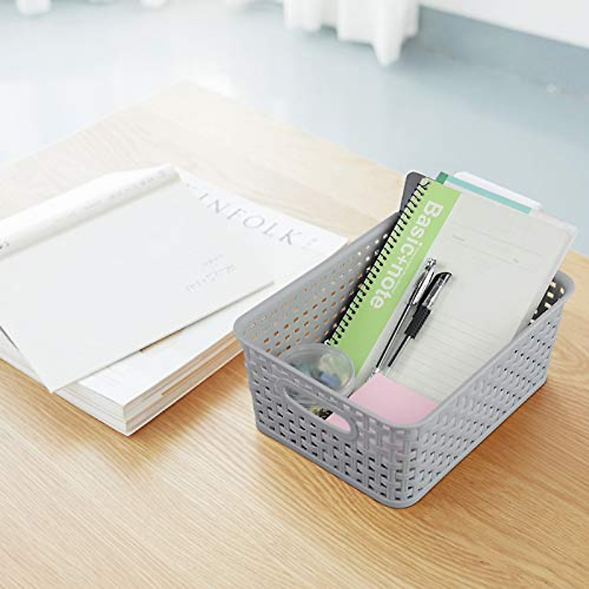 Zerdyne 6-Pack Plastic Weave Storage Basket, Light gray