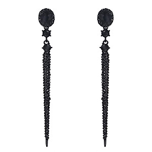 BriLove Women's Fashion Trendy Crystal Oval Long Beaded Bar Chandelier Dangle Earrings Black Black-Silver-Tone