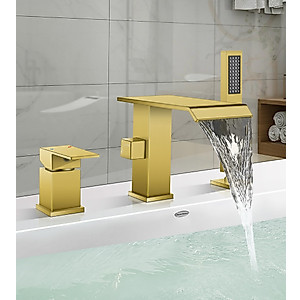 Modern Roman Tub Faucet with Hand Shower, Deck Mount Tub Filler Bathtub Faucet with Sprayer, Single Handle Bathtub Faucet Set, Widespread 3 Hole Bathtub Faucet (Brushed gold-Wide Spout)