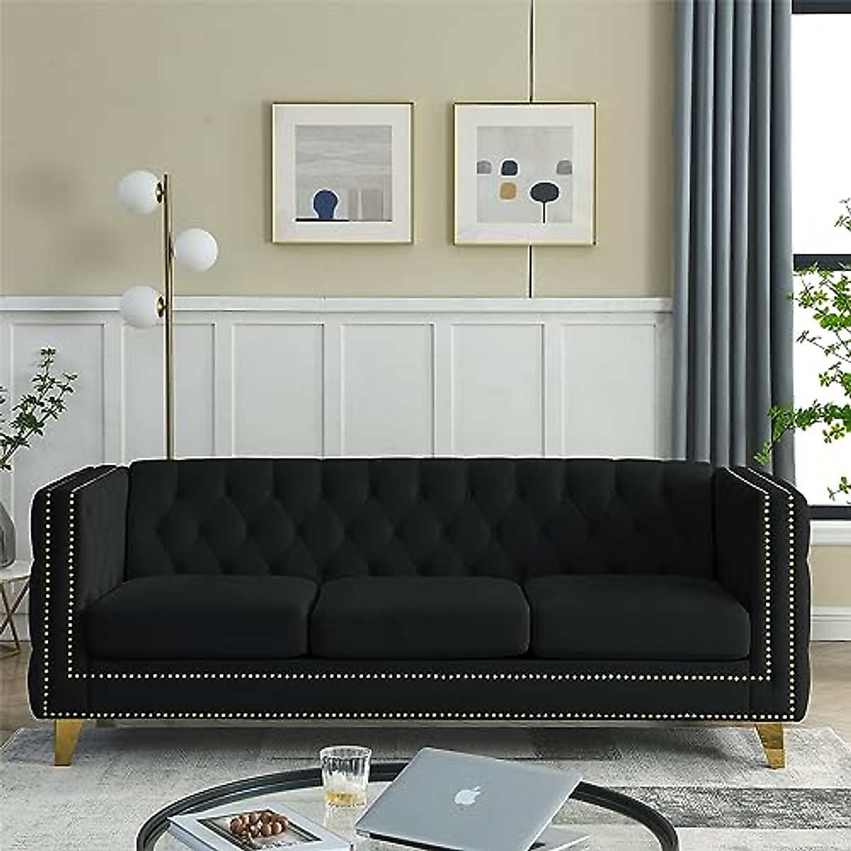80" Couches for Living Room, Modern Button Tufted Velvet Upholstered Sofa Couch with Square Armrests Inlaid with Gold Nail Heads and 4 Golden Metal Legs for Office, Living Room, Apartment, Black