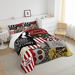 Popcorn Print Comforter Movie Theater Comforter Set Cinema Poster Design Bedding Set for Kids Boys Girls Rustic Wooden Duvet Set Full Size with 2 Pillow Case Boys