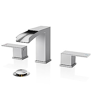 Pheistina 8-Inch Widespread Brushed Nickel 3 Holes 2 Handles Waterfall Bathroom Sink Faucet, with Metal Pop Up Drain Assembly & Cupc Water Supply Lines, NS-WF002-1-BN