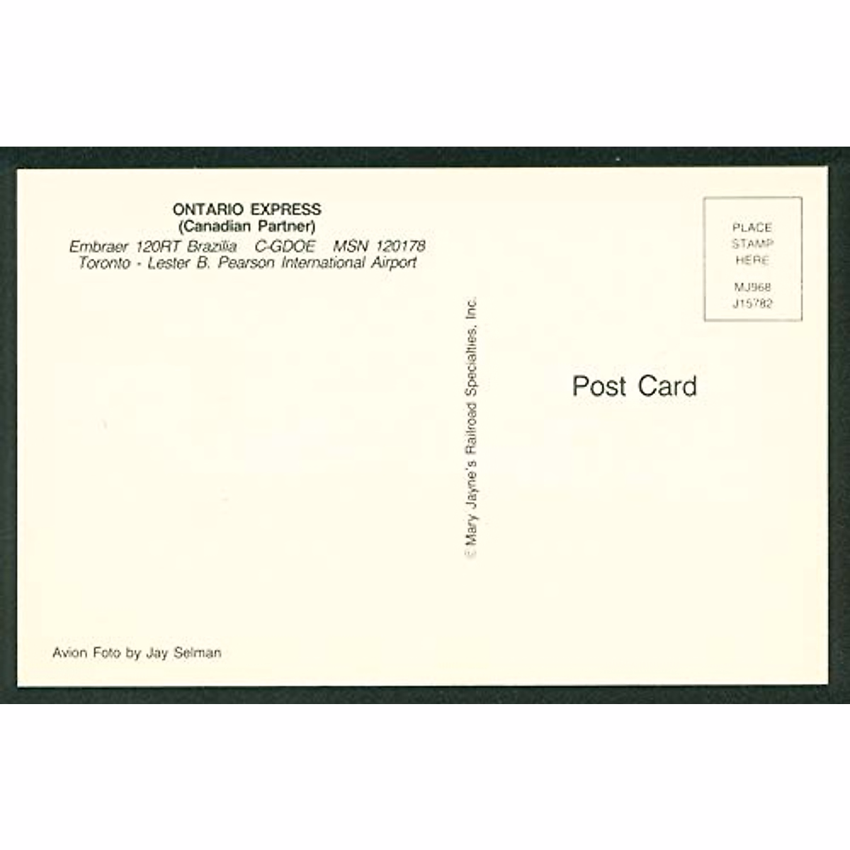 Ontario Express Canada Airlines Toronto Lester B. Pearson International Airport Airplane Postcard