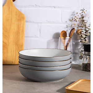 AmorArc 8.5'' Stoneware Pasta Bowls, 32oz Large Speckled Bowls Set of 4 for Kitchen, Wide & Flat Bowls for Pasta,Salad,Oatmeal, Microwave&Dishwasher Safe, Matte Gray