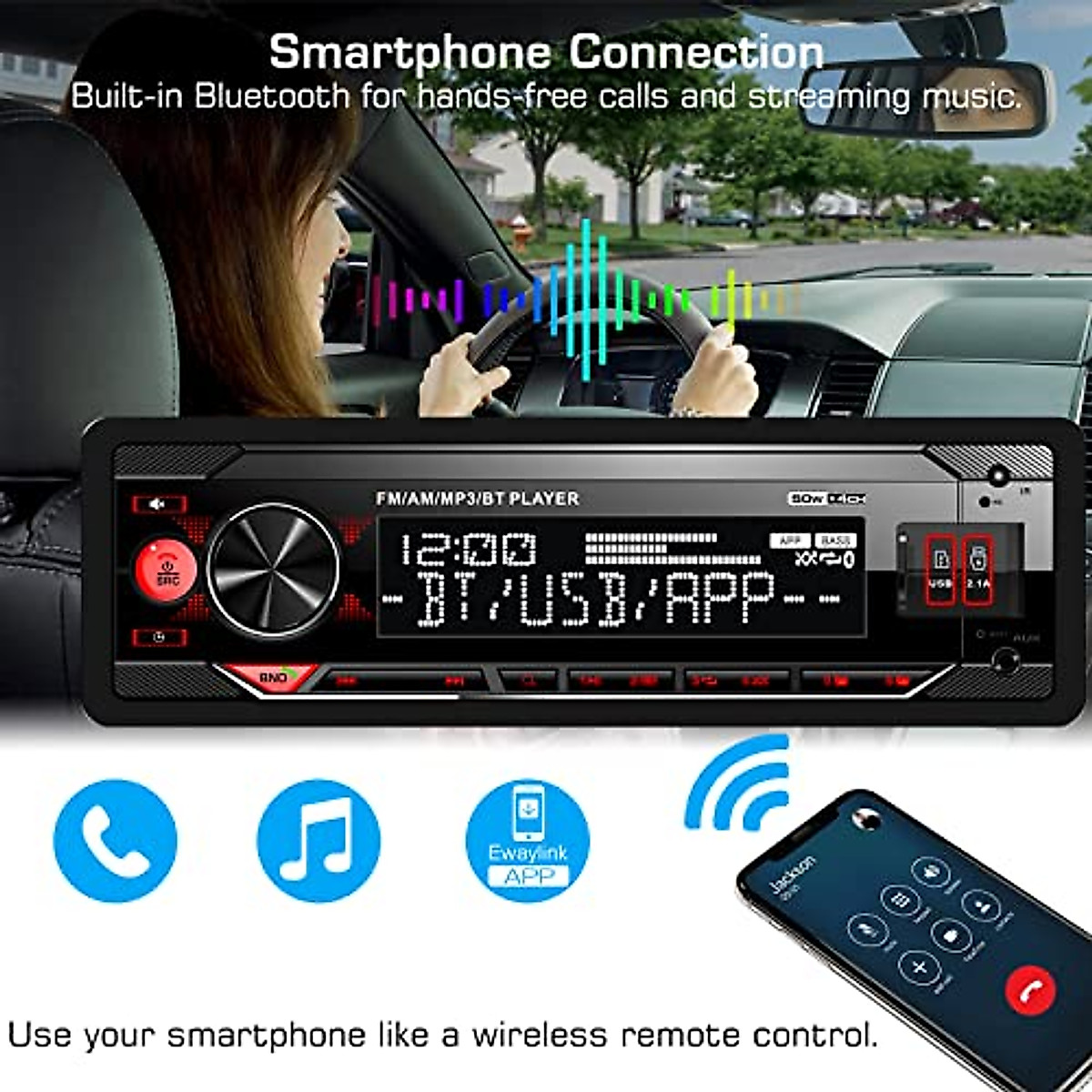 Single Din Car Stereo with Bluetooth: in Dash Digital Multimedia Receiver - Dual USB SD AUX Input | AM FM Car Radio | APP Control | Wireless Remote | Quick Charge