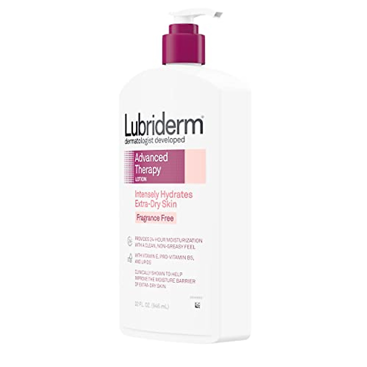 Lubriderm Advanced Therapy Fragrance-Free Moisturizing Lotion With Vitamins E And Pro-Vitamin B5, Intense Hydration For Extra Dry Skin, Non-Greasy Formula, 32 fl. oz