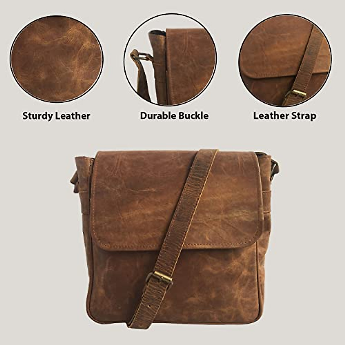 Madosh, Vintage Style Messenger Buffalo Leather Hunter Crossbody Ladies Brown Satchel Half Flap Shoulder Purse Office Work Bag