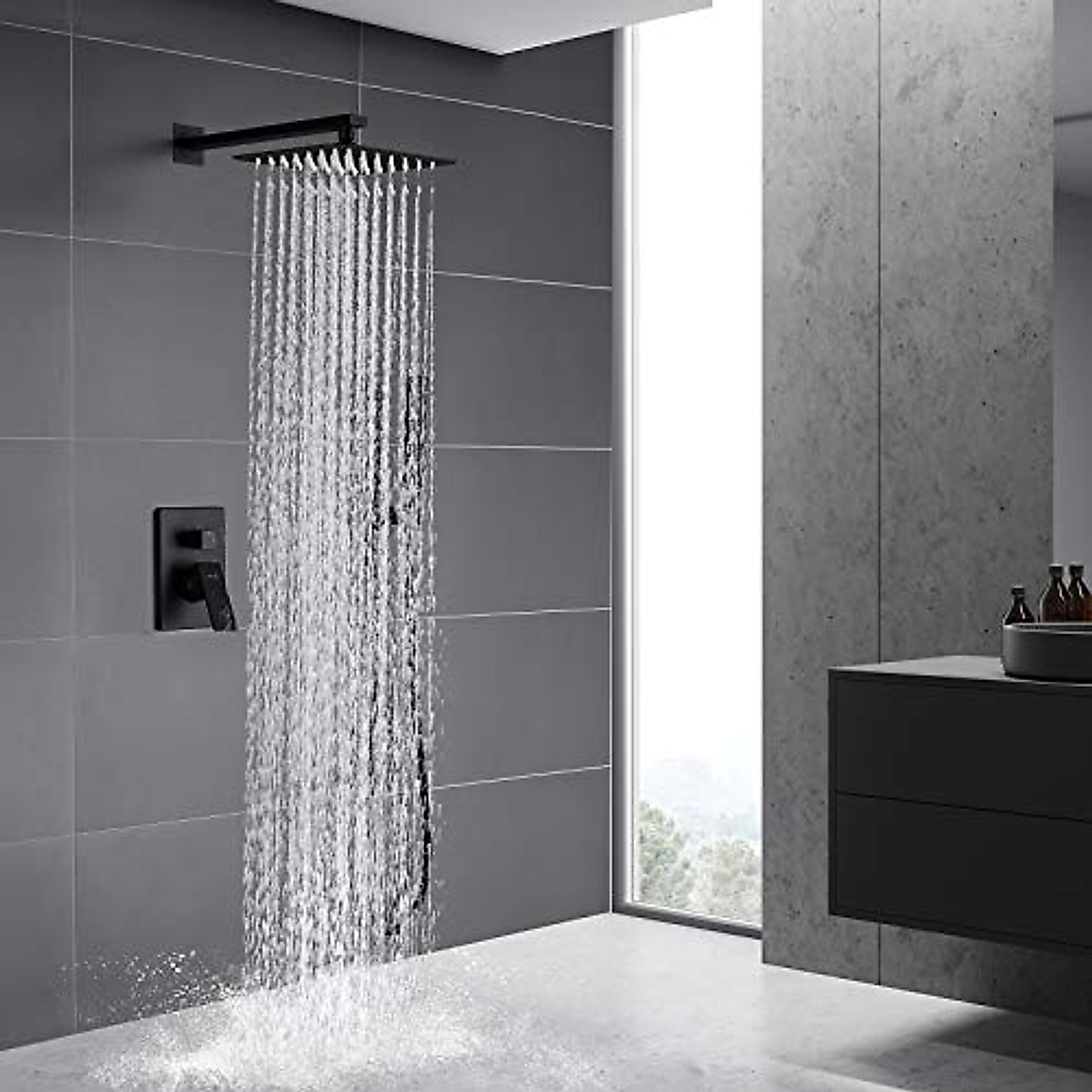 Esnbia 12" Rain Shower Head, Stainless Steel Rainfall Ceiling Mount Shower Head, 2.5 GPM Water Flow, Matte Black （Shower Arm NOT Include）