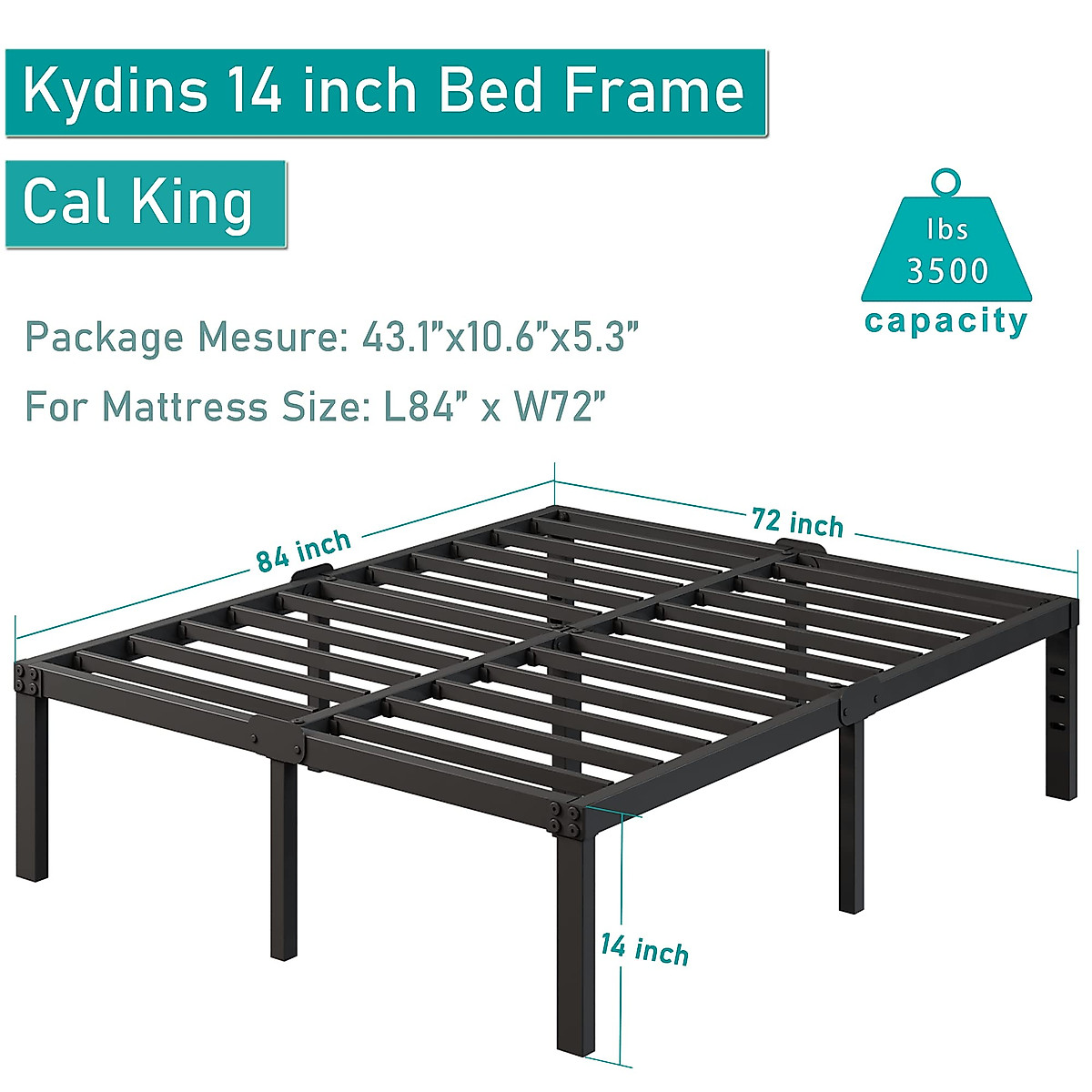 Kydins Cal King Bed Frame with Headboard Holes Storage Heavy Duty Platform Metal Bed Frames Durable Strong Mattress Foundation for 3500 lbs No Noise No Box Spring Needed 14 Inch