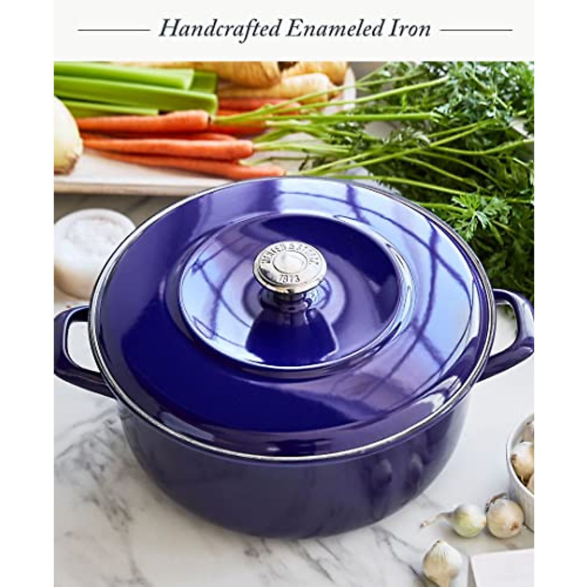 Merten & Storck European Crafted Enameled Iron, Round 7QT Dutch Oven Casserole with Lid, Cobalt Blue