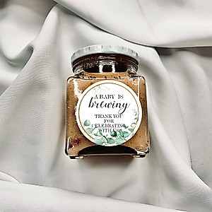 50 Greenery A Baby is Brewing Stickers - Gender Neutral Baby Shower Favor Stickers for Invitations, Candles, Popcorn, Water Bottles - 2 Inches.