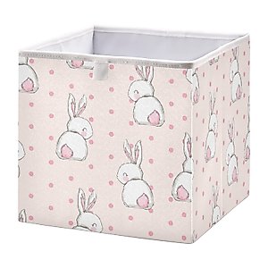 Oyihfvs Hand Drawn White Rabbits Back with Pink Tail on Pink Polka Dots Square Foldable Cube Storage Basket Collapsible Fabric with Handles Bag Organizer Clothes for Home Bedroom 11 x 11 x 11 in