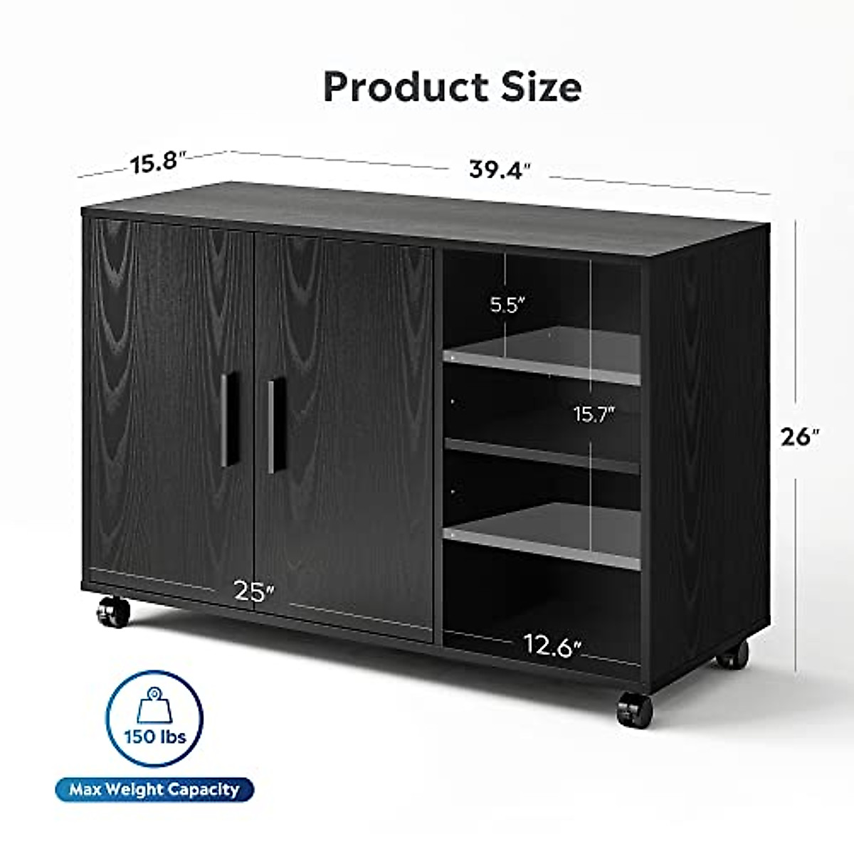 DEVAISE Rolling File Cabinet, Wood Storage Cabinet with Dual Doors, Large Printer Stand on Lockable Wheels for Home Office, Black