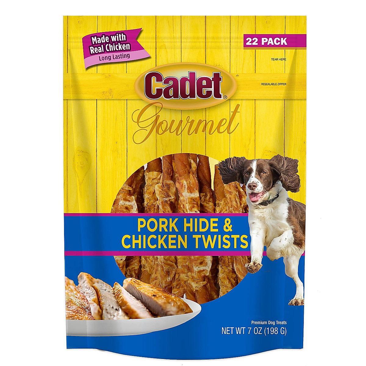 Cadet Gourmet Twists Sticks- Long Lasting & Natural Dog Treats for Large & Small Dogs Pork Hide & Chicken - Inspected & Tested in USA (22 Count)