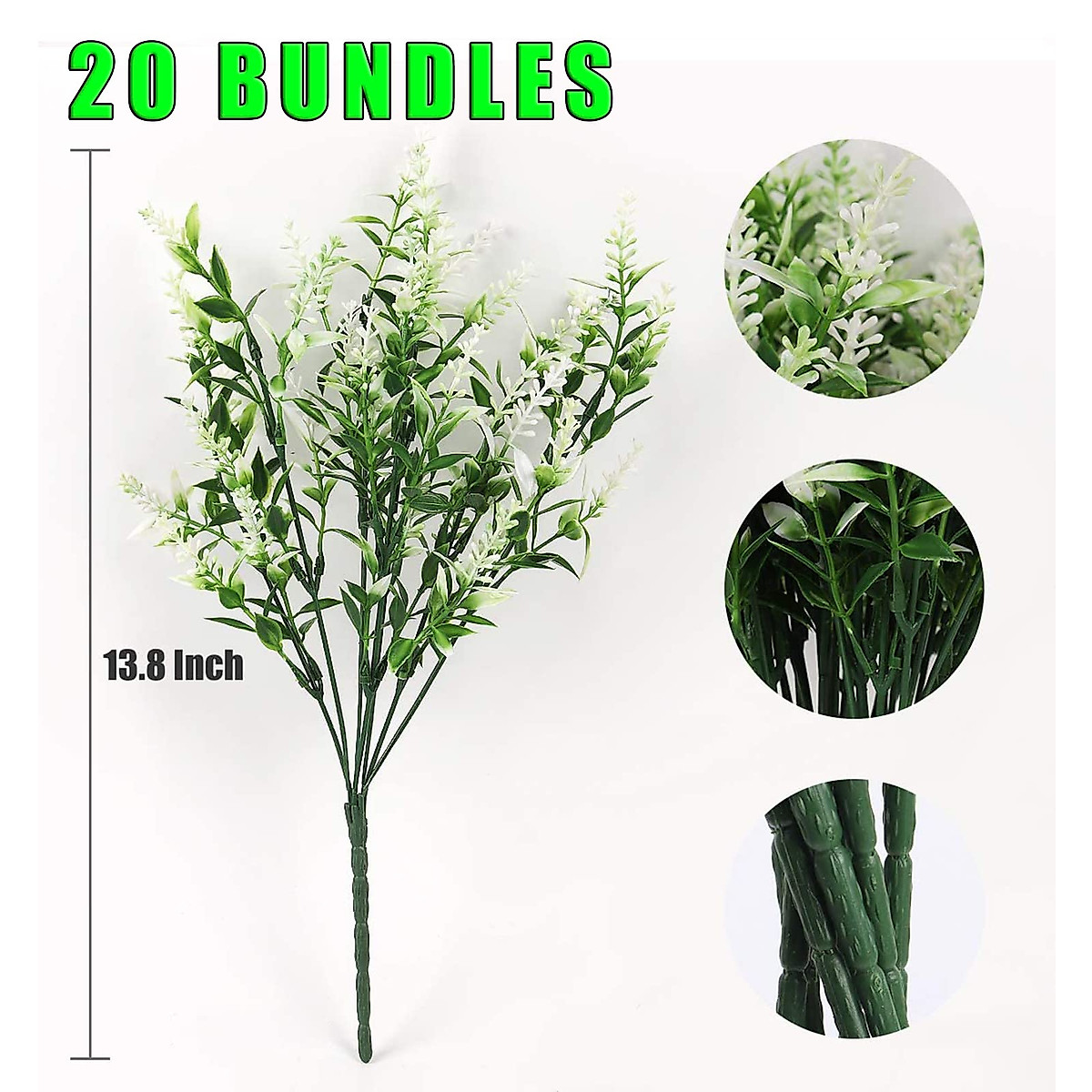 20 Bundles Artificial Lavender Flowers Outdoor Fake Flowers Faux Plants Plastic Bouquet Fake Greenery UV Resistant No Fade Faux Shrubs Home Garden Porch Patio Office Yard Indoor Decoration (White)