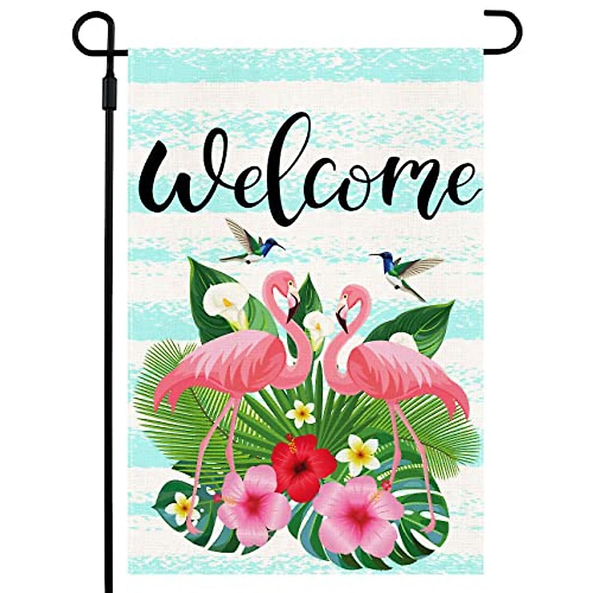 QWETRY Flamingo Welcome Summer Garden Flag Double Sided 12.5x18 Inch Bluebird Summer Yard Flag for Outside Outdoor Décor, Premium Burlap Vertical Small Rustic Flags for Farmhouse Lawn Flags