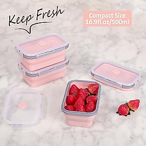 Collapsible Food Storage Containers with Airtight Lid, 16.9 oz, Compact Kitchen Stacking Silicone Collapsible Meal Prep Container Set for Leftover, Microwave Freezer Dishwasher Safe, Pink, Set of 4