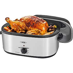 Sunvivi Roaster Oven with Self-Basting Lid, Electric Roaster with Removable Pan & Rack, 150-450°F Full-Range Temperature Control with Defrost/Warm Function, Stainless Steel, Silver