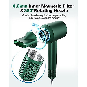 7MAGIC High-Speed Hair Dryer with 110,000RPM Brushless Motor for Fast Drying, Low Noise Blow Dryer with Tri-Colour LED Light Ring, 1400W Ionic Hair Dryer for Home and Travel, Magnetic Nozzle, Green