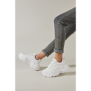 K KIP WOK Chunky Sneakers for Women Fashion Platform White Leather Casual Dad Shoes Comfortable Wedge Walking Sport Sneakers(White,8B(M) US