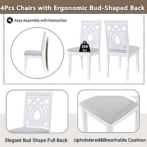 Merax Mid-Century Wood 5-Piece Extendable Dining Table Set with 4 Upholstered Chairs for Small Places, White_Round