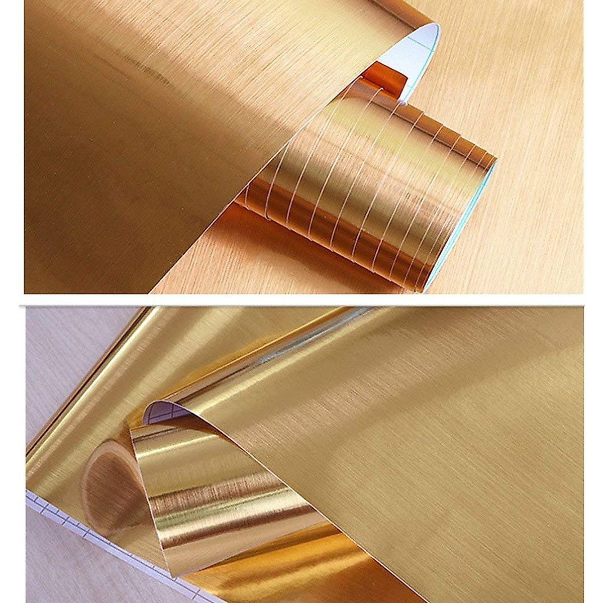 Metal Look Film Vinyl Self Adhesive Gold Texture Waterproof Anti Greasy Counter Top Peel Stick Metallic Gloss Shelf Liner for Kitchen Cabinet 15.6inch by 79inch