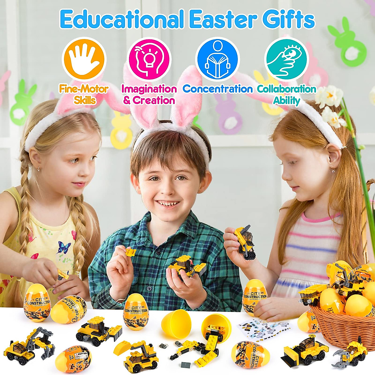 EZIGO Easter Eggs Fillers with Construction Vehicles Building Blocks, 12 Pack Bulk Toy, Basket Stuffers Easter Party Favors Supplies Classroom Prize Easter Hunts Gift for Kids