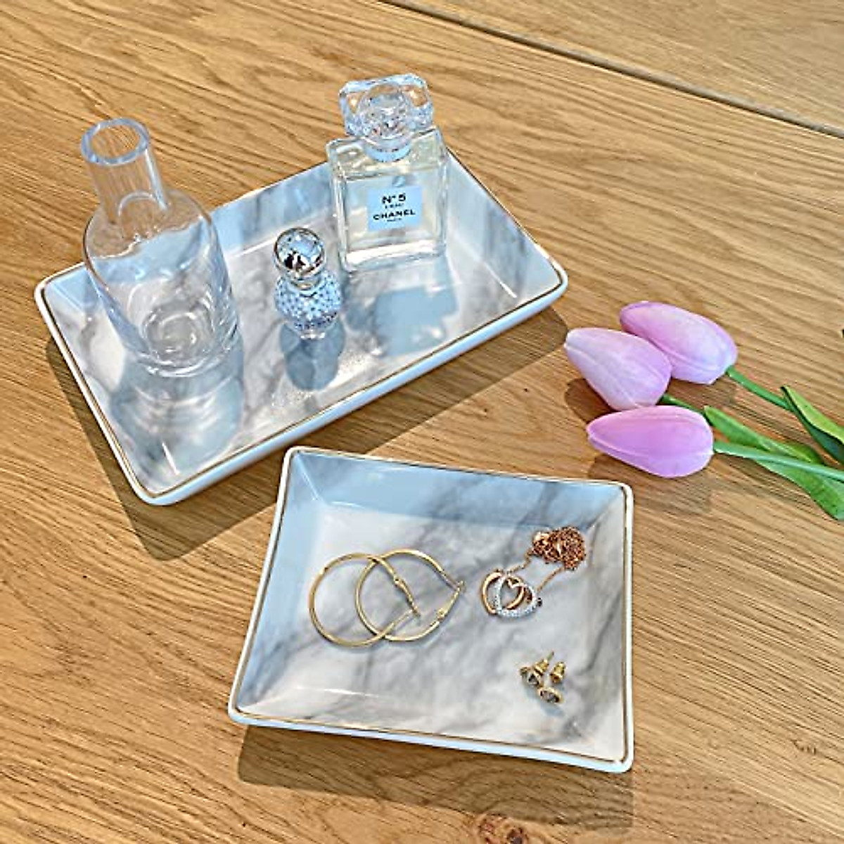 April Box Valet Marble Tray set of 2 – Marble Console Table Trays – Key Trays –Vanity Trays–Jewelry dish– Decorative Tray Organizer for Watch, Wallet, Perfume, Keys – Made of Thick and Durable Ceramic