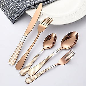 CREATIVE HOBBIES 20-Piece Silverware Set For 5,Checkered Pattern Mirror Finish Smooth Stainless Steel Fork Spoon Set Silverware Flatware Cutlery Set Include Knife/Fork/Spoon,D