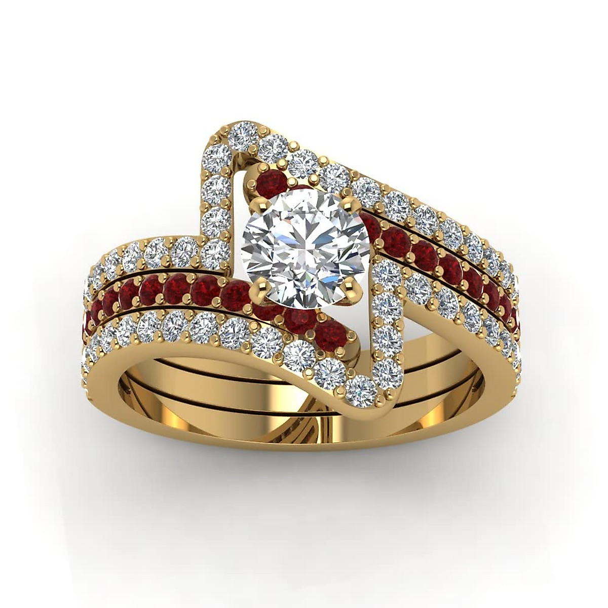 Jewelrygift Crossover Diamond Trio Wedding Set Yellow Gold Plated Created Ruby Round Shape Red Color Trio Wedding Ring Sets Prong Setting in Size 9 Party Wear Daily Wear Ornament