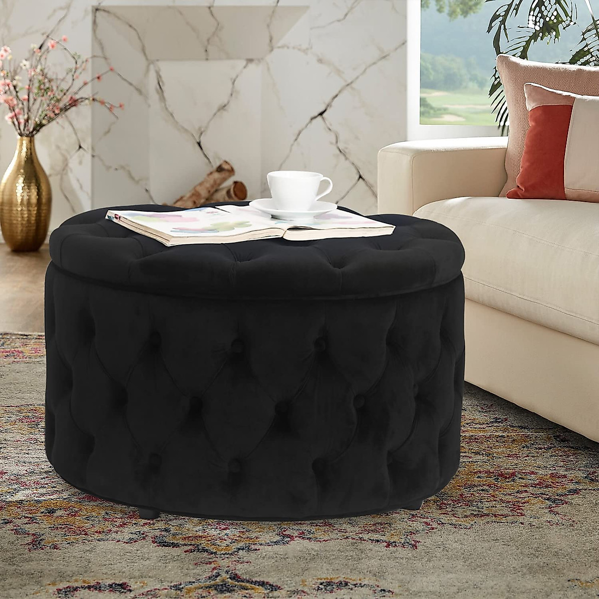 Homebeez 28 Inch Round Velvet Storage Ottoman, Button Tufted Footrest Stool Coffee Table for Living Room, Black