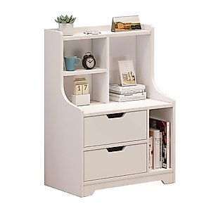 Lemoeyes End Table with 2 Drawers, Wood Nightstand with Storage Shelf Side Table Cabinet Bedside Furniture Books Storage for Living Room Bedroom Office - White, Easy Assembly