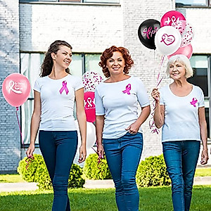 Grehge ces Pink Ribbon Latex Balloons Breast Cancer Awareness Balloons Transparent Confetti Glitter Balloons Set Printed Balloons with Ribbons for Charity Fundraiser Party Supplies, 8 Designs