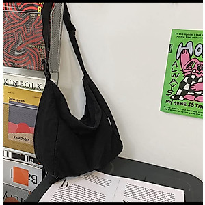 Aesthetic Boho Canvas Crossbody Bag Tote Bag, Women Girls Y2k Harajuku Grunge Shoulder Bag Large Retro Handbag (Black)