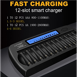 CITYORK 12 Bay LCD Smart Battery Charger for 1.2v AA AAA Ni-MH/Ni-CD Rechargeable Batteries, AA AAA Battery Charger with Refresh Function with AC Wall Adapter