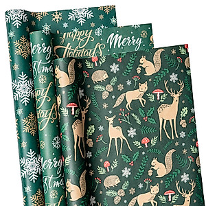 RUSPEPA Christmas Animals Wrapping Paper Rolls - 17 inches x 10 feet per Roll, Total of 3 Rolls - Green Design
